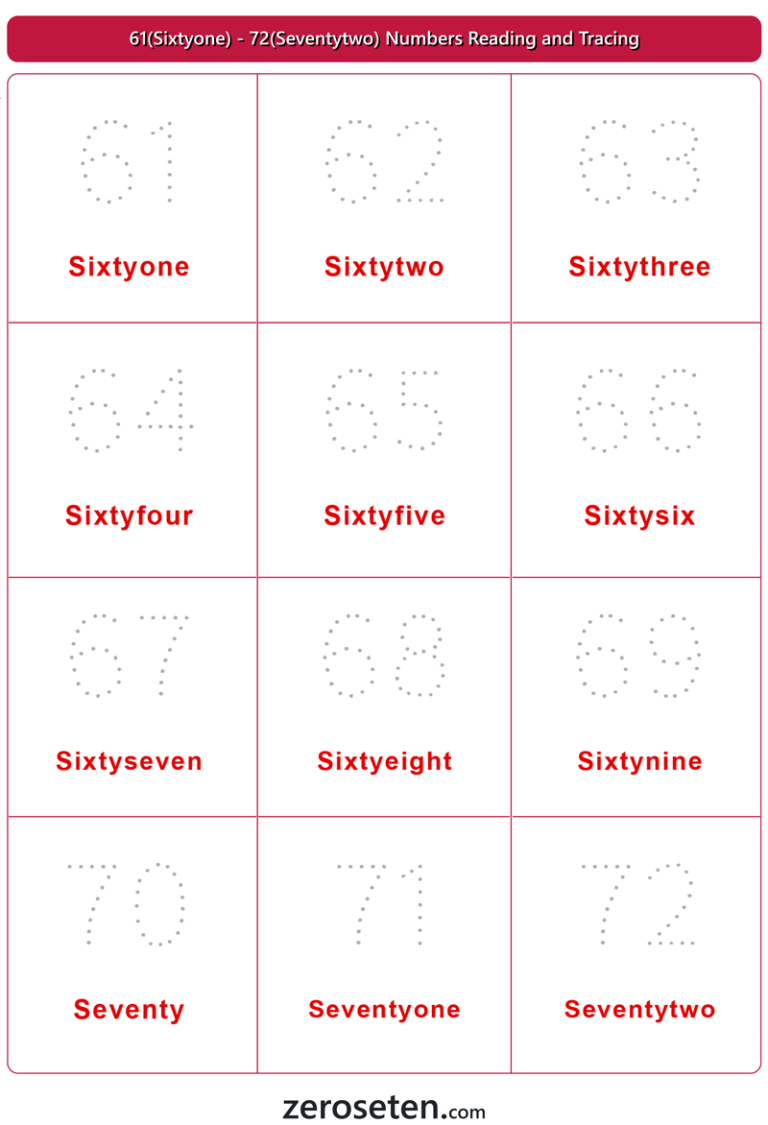 61(Sixtyone) - 72(Seventytwo) Numbers Reading and Tracing - Zero se Ten ...